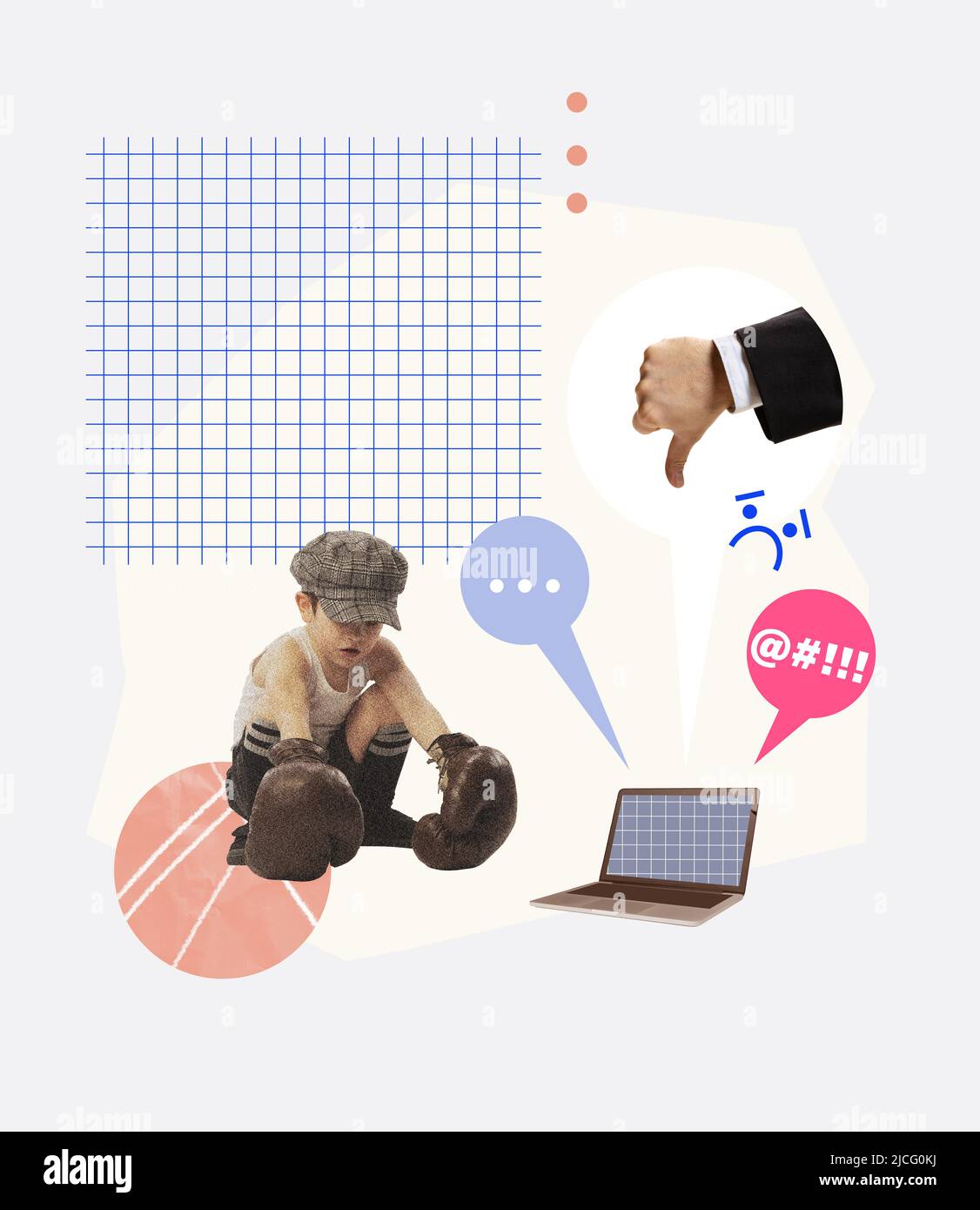 Contemporary art collage. Little boy, child sitting on floor in front ...