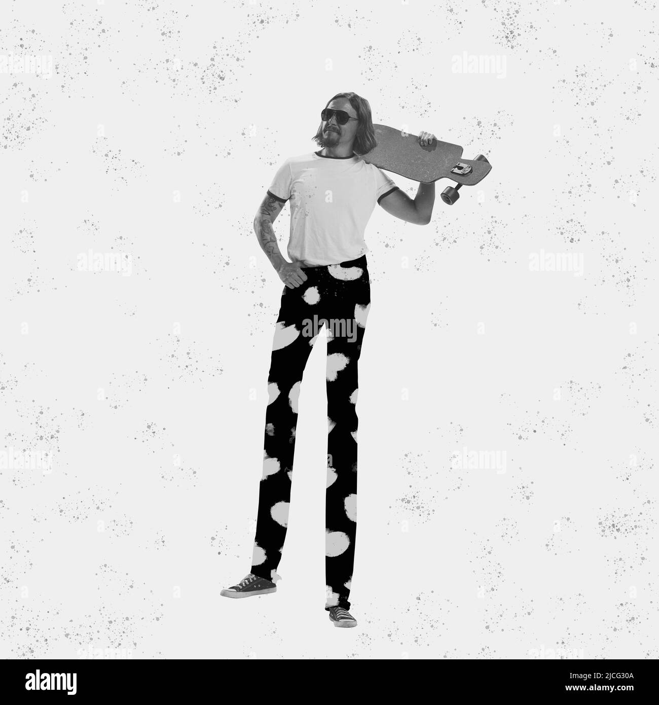 Contemporary art collage with stylish young man with long drawn legs ...