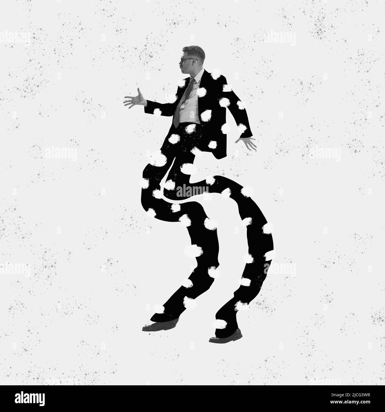 Contemporary art collage. Strange young man with long drawn legs in 60s ...