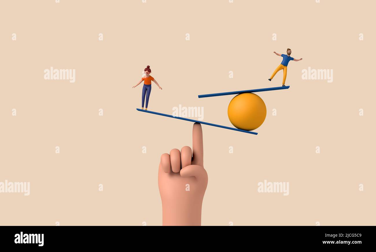Character balancing on an unstable seesaw. 3D Rendering Stock Photo - Alamy