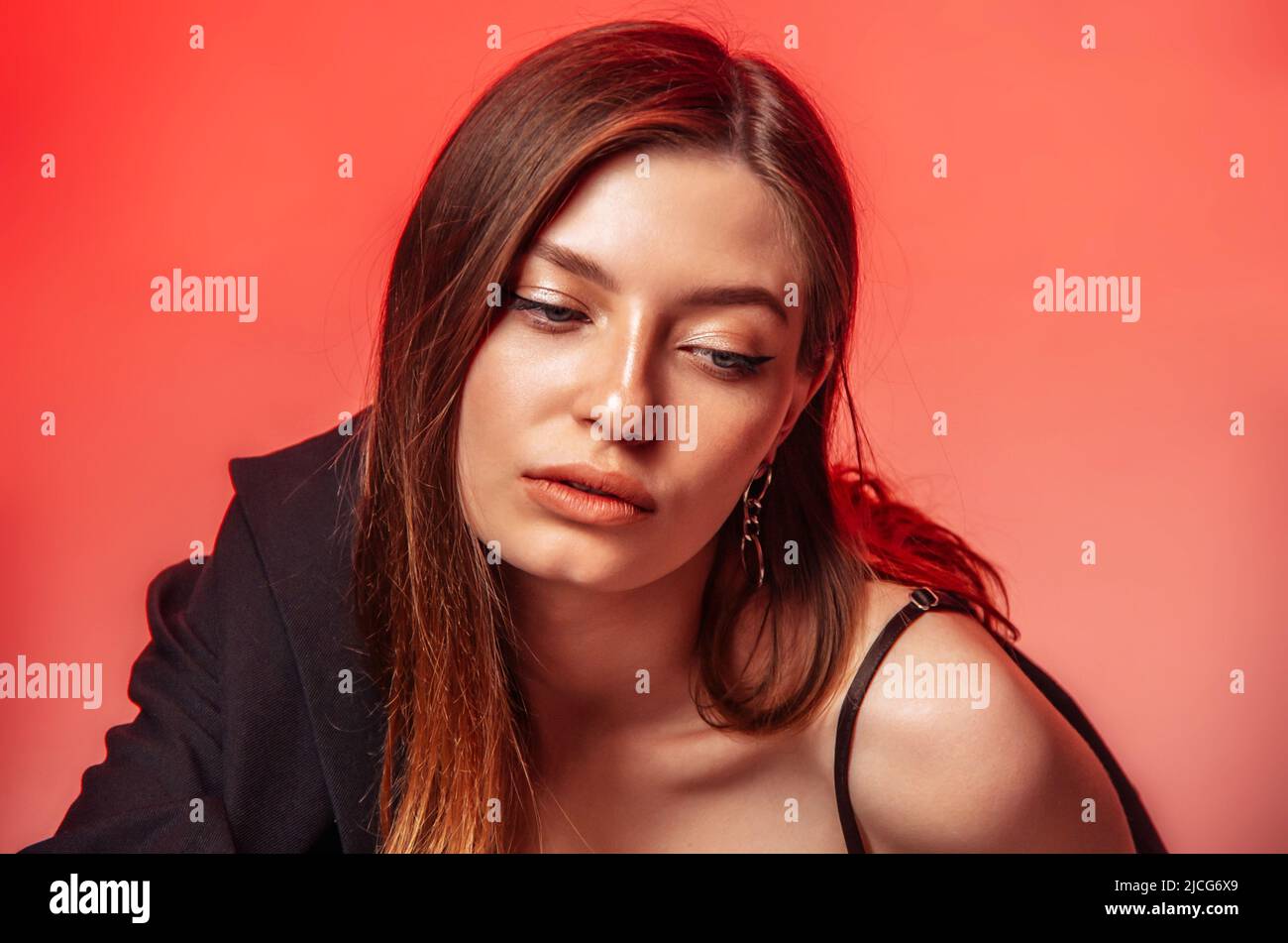 Young woman with healthy skin. Model with perfect skin does not look at ...