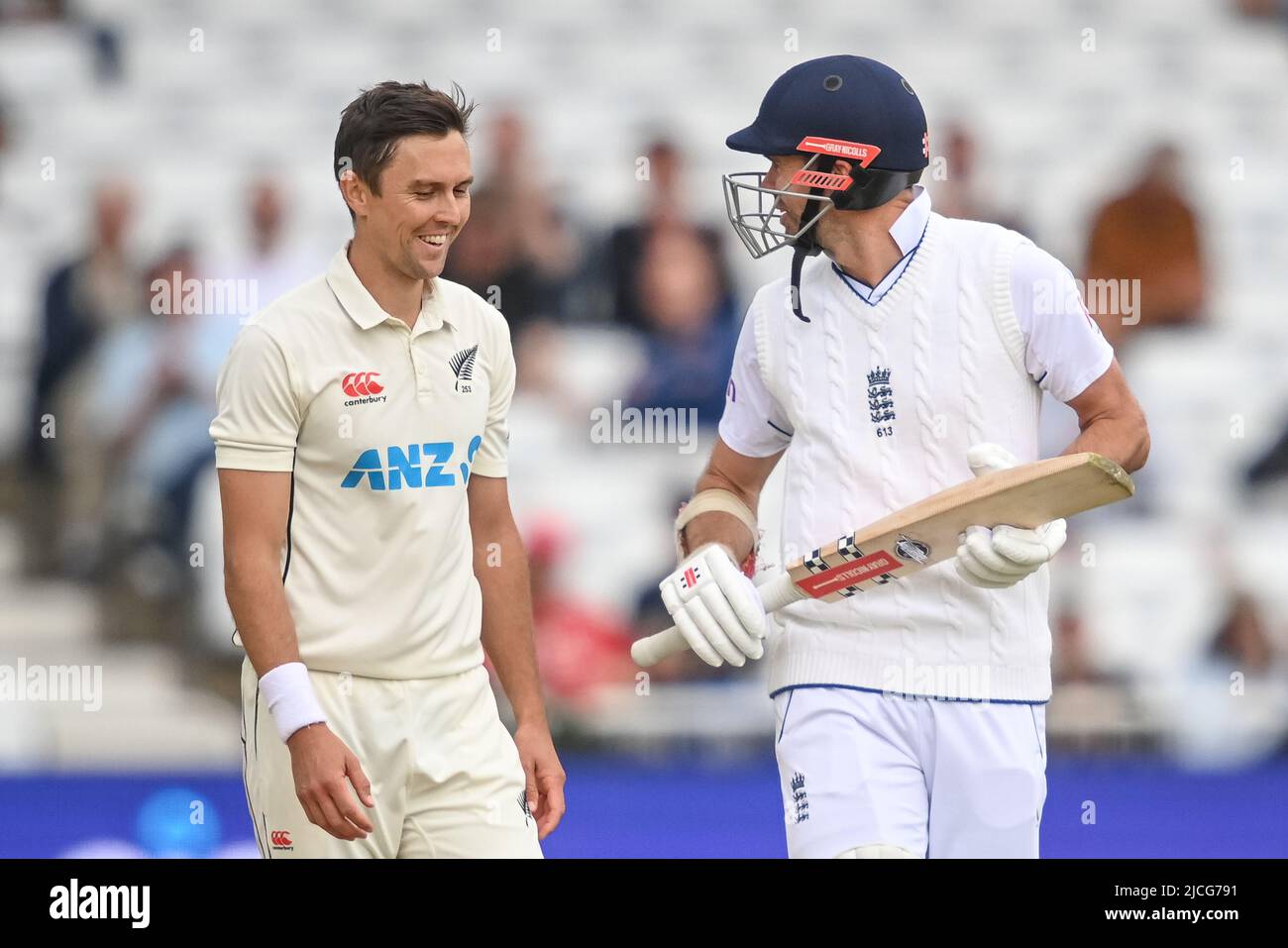 Trent Boult of New Zealand speaks to James Anderson of England chat ...