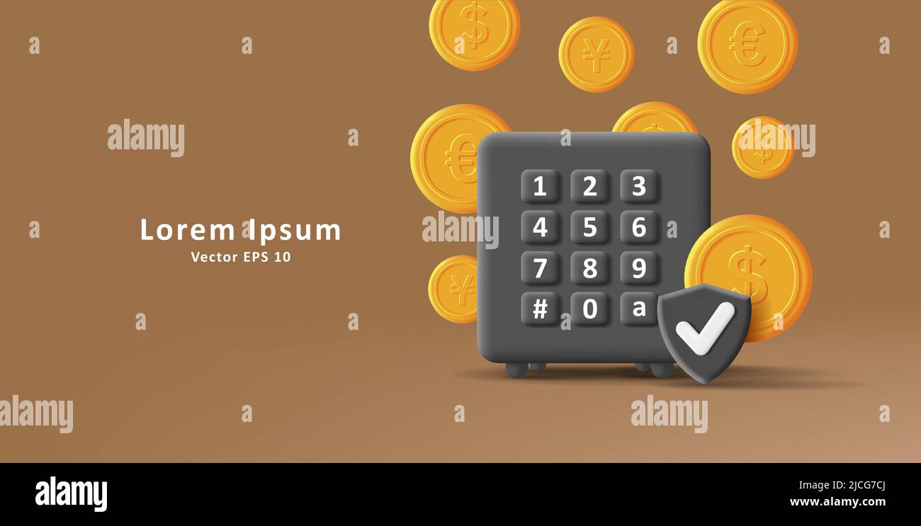 Digital illustration of a safe with code lock and golden coins with ...