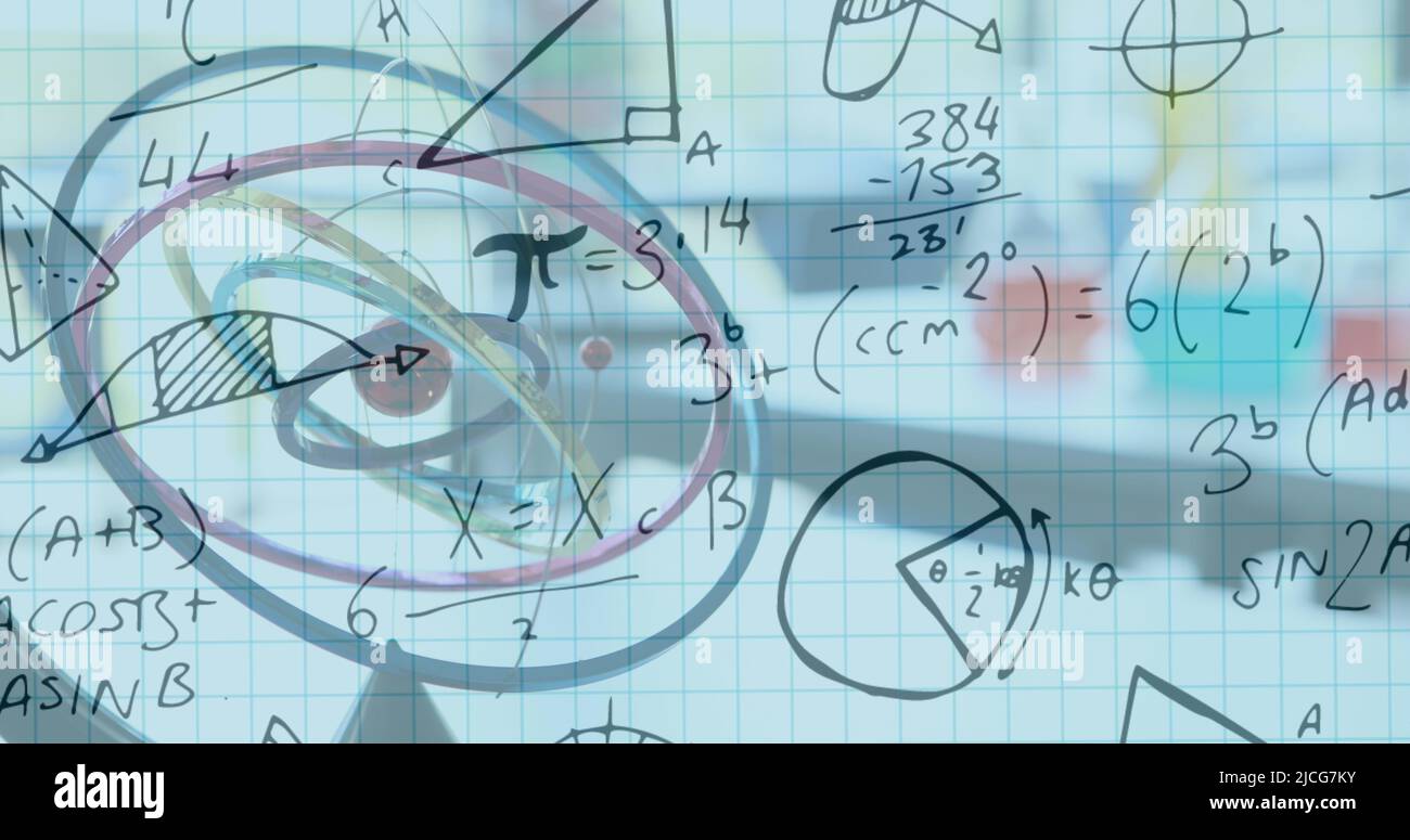 Image of mathematical equations over model in classroom Stock Photo - Alamy
