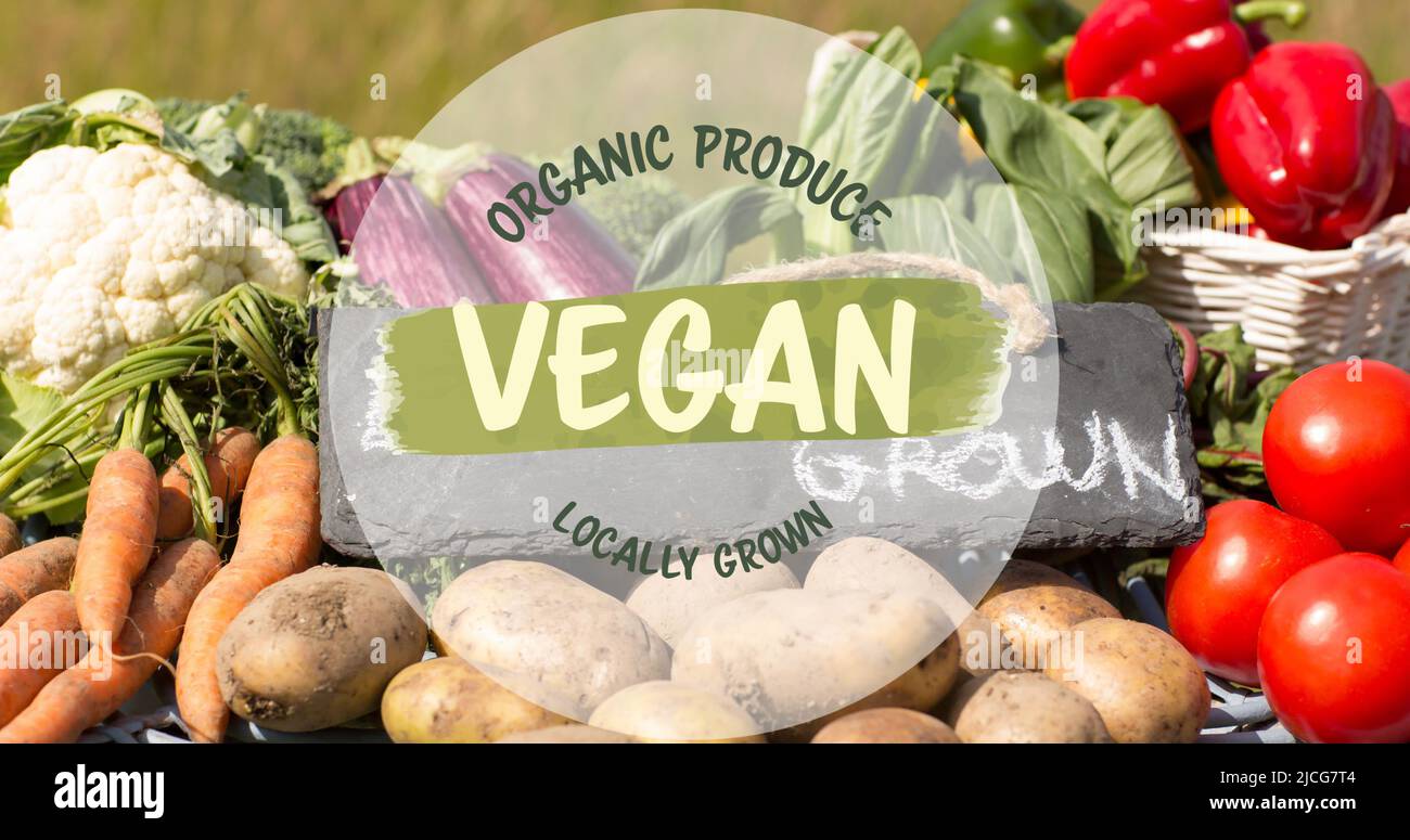 Image of organic produce text in green, over pile of locally grown ...