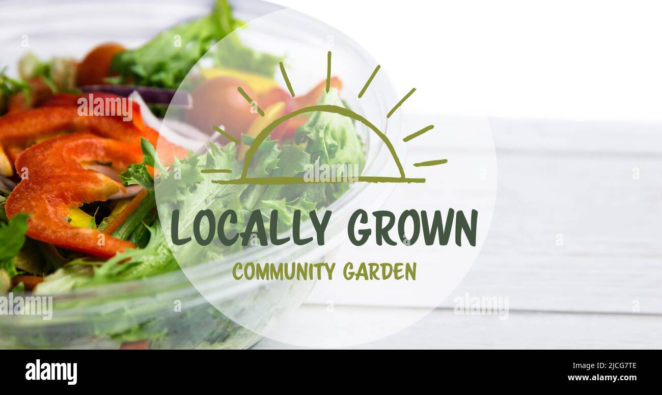 Image of locally grown text in green, over bowl of fresh salad on white ...