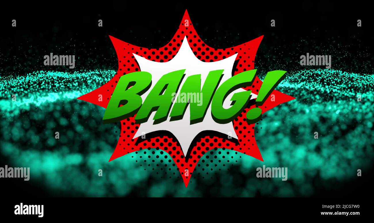 Image of bang text over green dots on black background Stock Photo - Alamy
