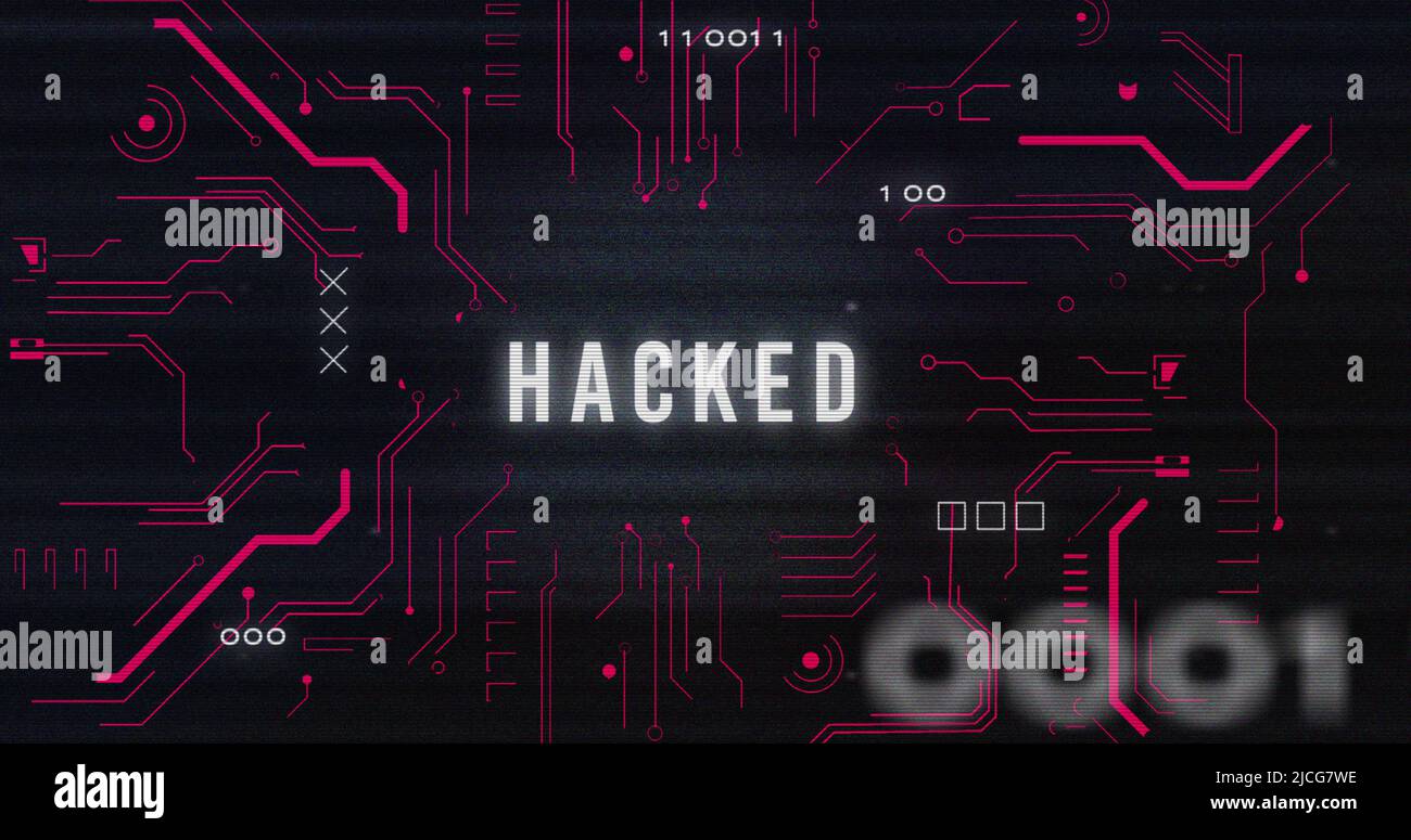 Image of interference over hacked text, data processing and computer circuit board Stock Photo ...