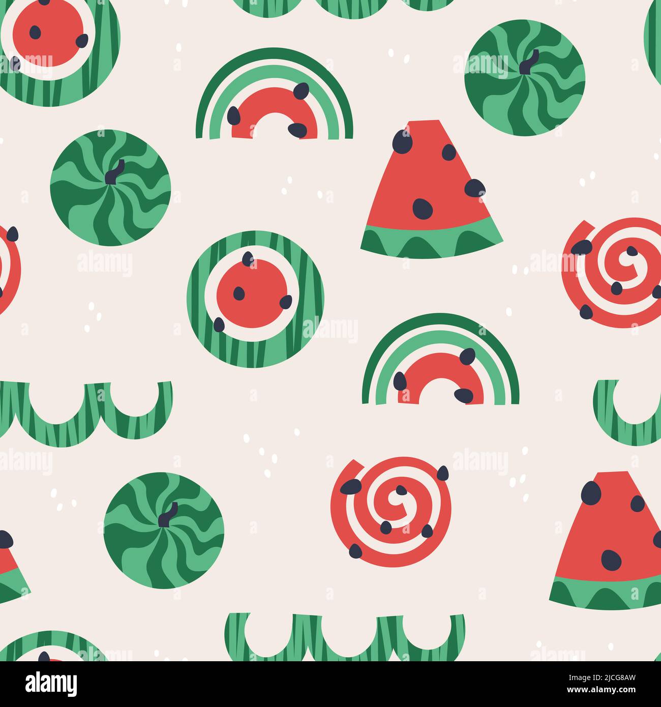 Watermelon and abstract shapes. Vector seamless pattern. Green and red ...