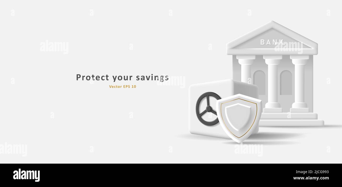3d illustration of bank building icon with safe box and security shield ...