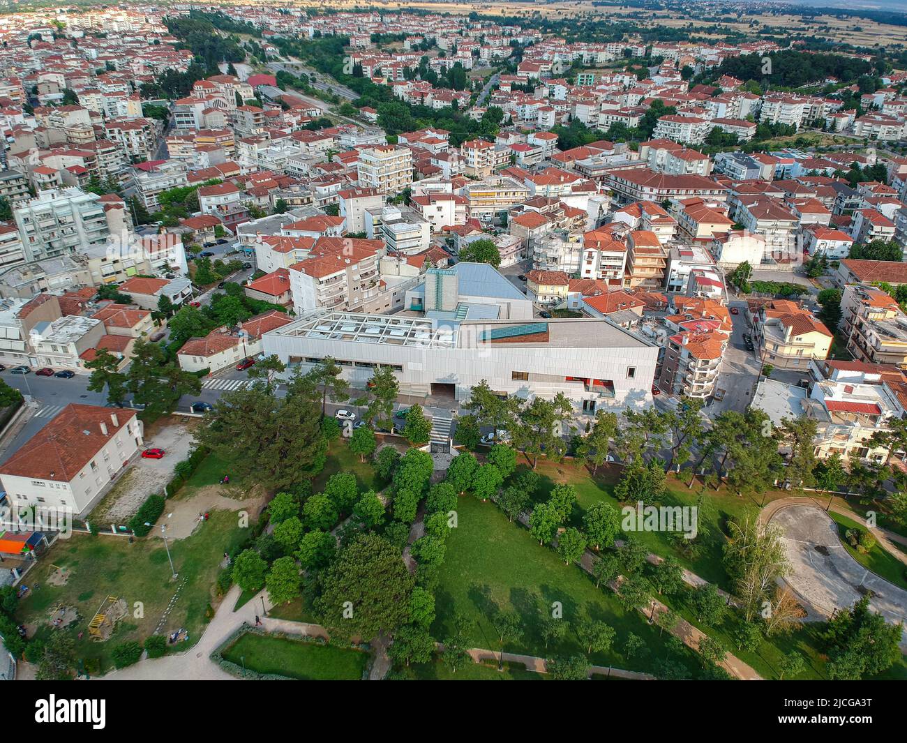 Aerial panoramic view over the new library building complex of Kozani ...