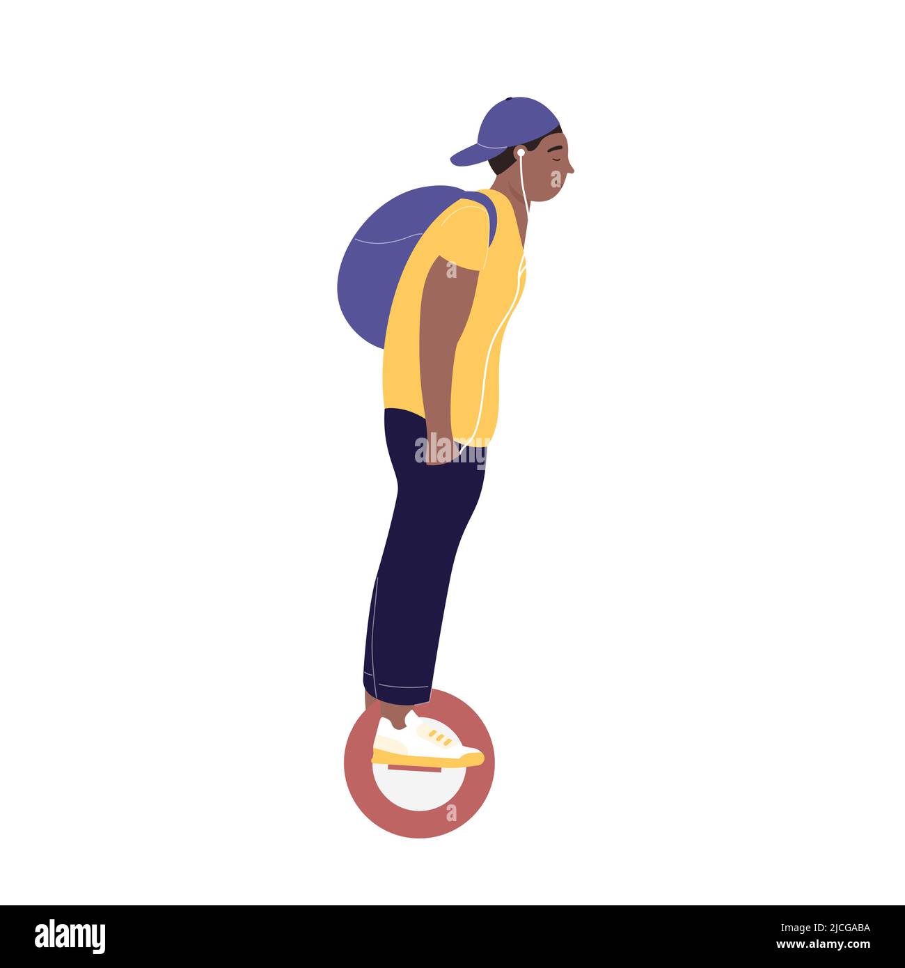 Young boy listening to music on self balancing scooter. Electric ...