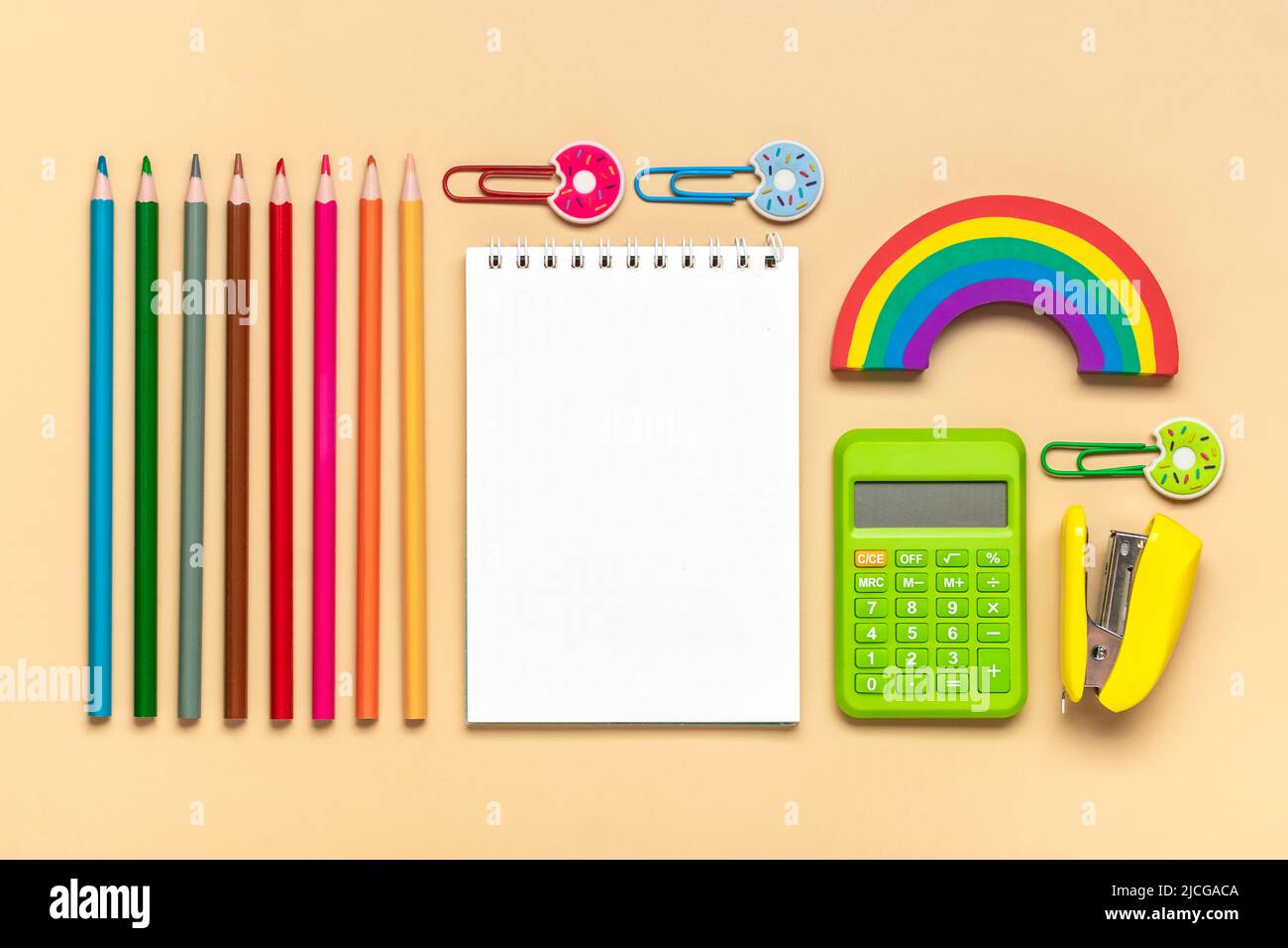 Frame from school and office supplies Paper clips, pens, calculator ...