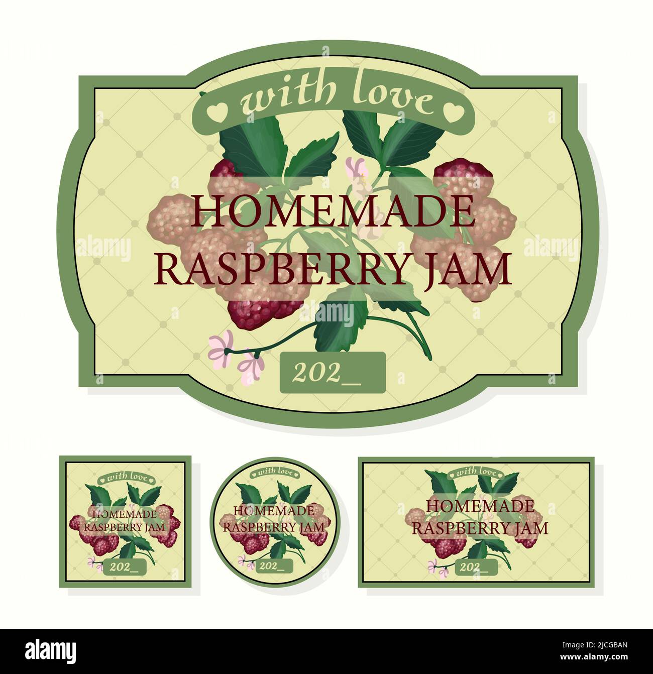 STICKERS ON JARS WITH HOMEMADE JAM. BERRY JAM. Raspberry. Labels for ...