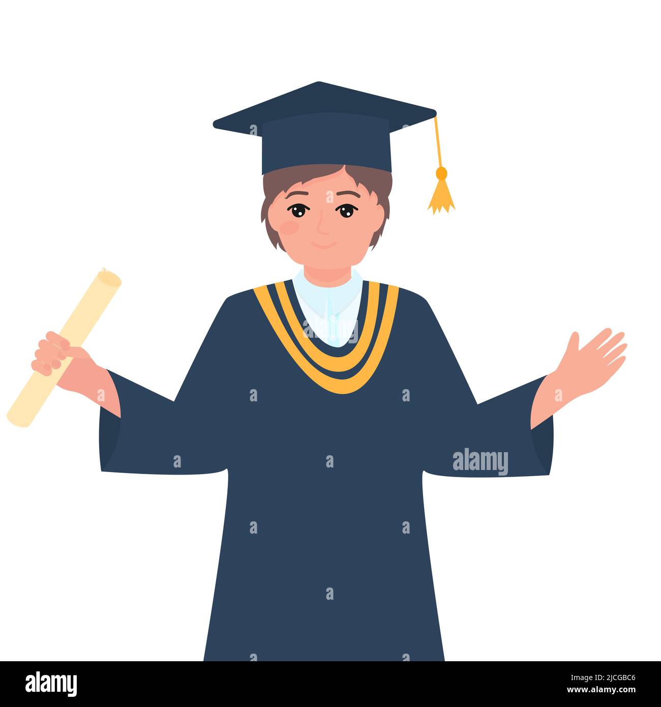 Male with graduation cap on head holding diploma, flat vector ...
