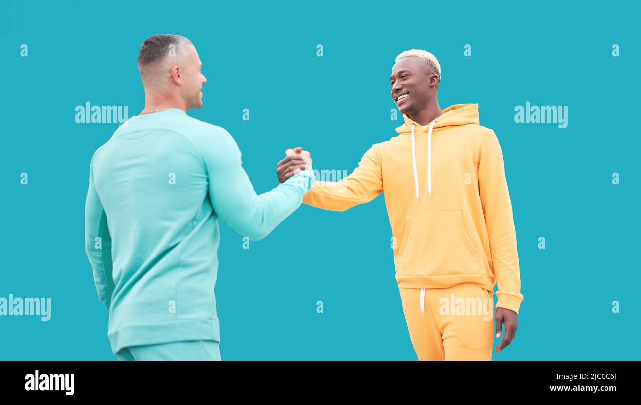 Multi ethnic friends. Two men different color black African-American ...