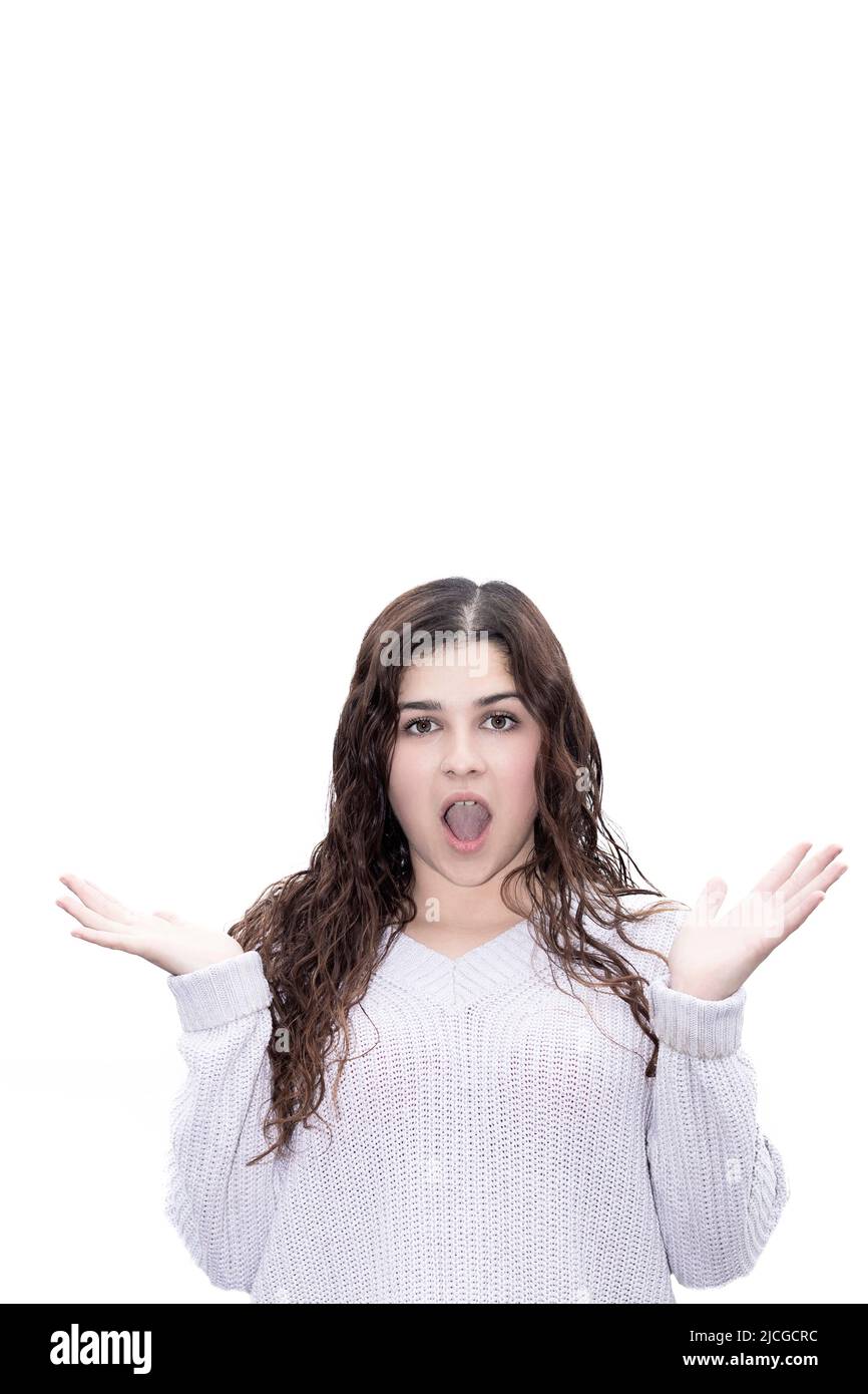 Beautiful Brunette Woman With Shocked Expression Hi Res Stock