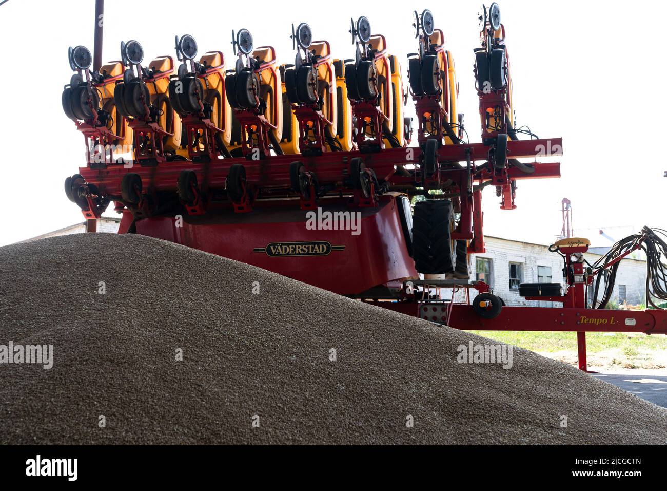 A sowing machine is pictured at a maize warehouse in Kyiv Region ...