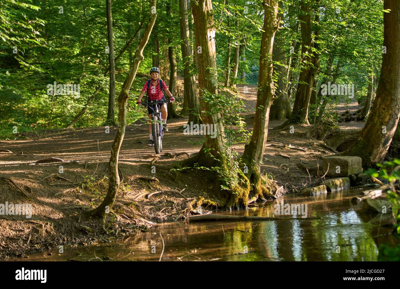 nice active senior woman riding her electric mountain bike in the green ...