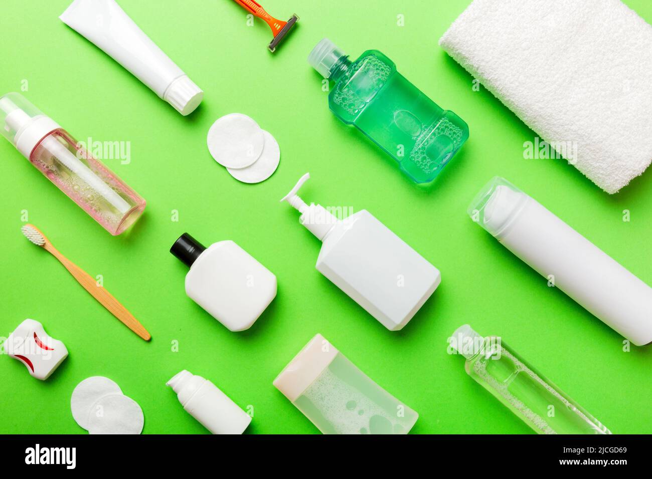 Mockup for bathing products top view flat lay, spa razor, toothpaste ...
