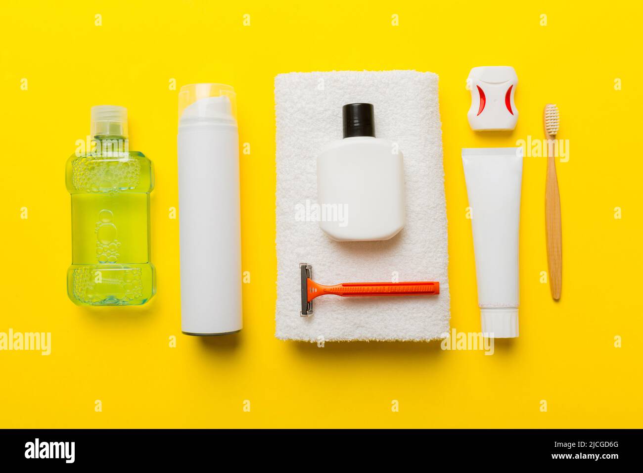 Mockup for bathing products top view flat lay, spa razor, toothpaste ...