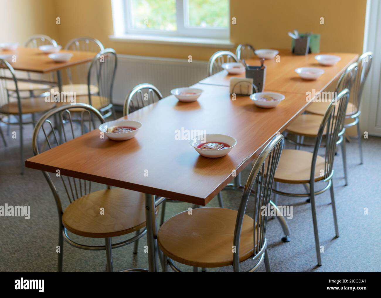 school kitchen canteen, set tables, canteen equipment, catering ...