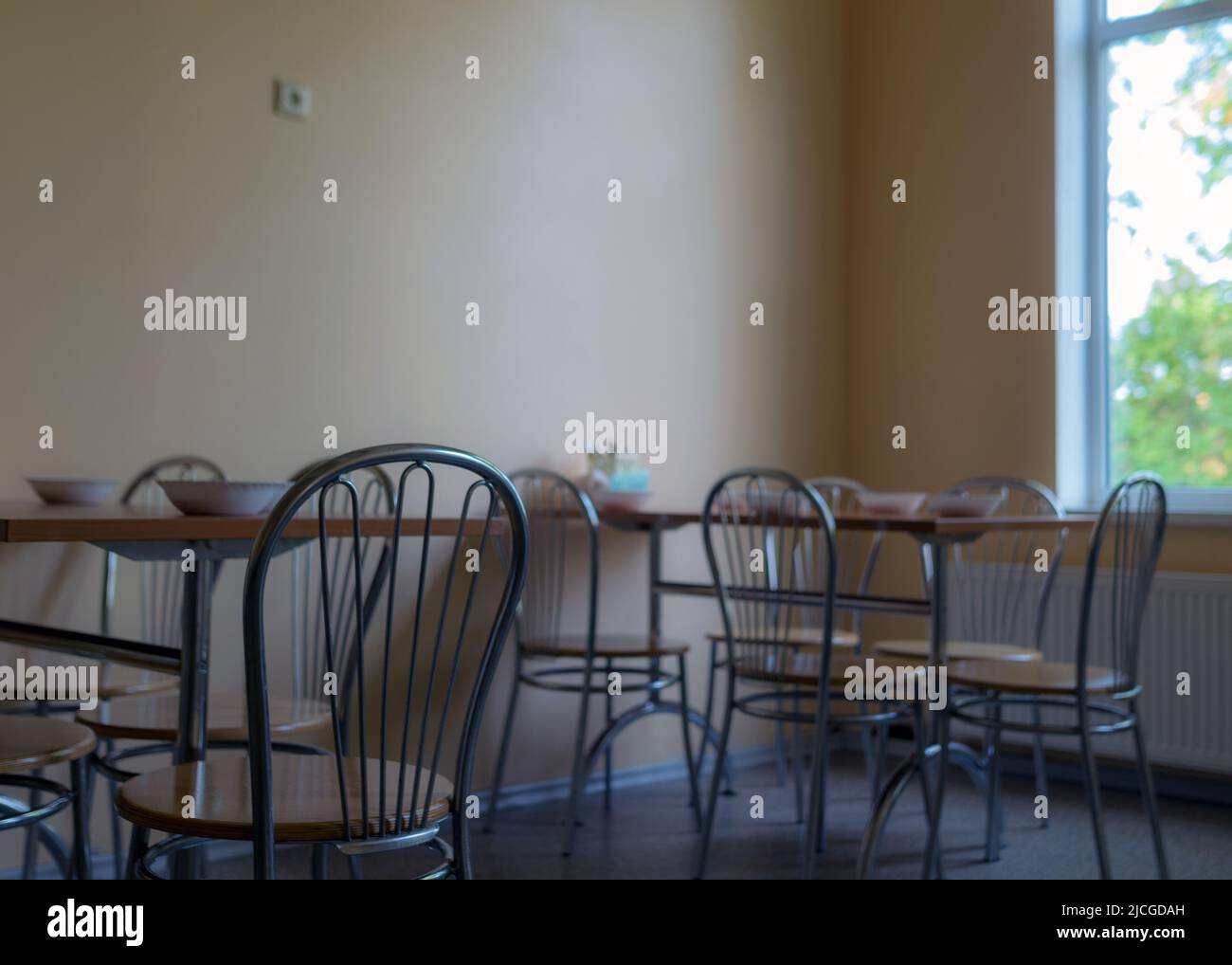 school kitchen canteen, set tables, canteen equipment, catering ...