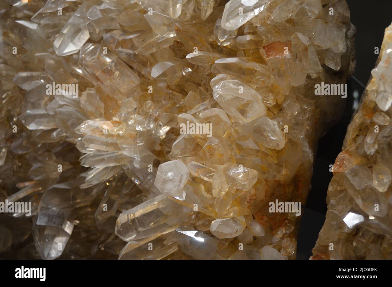 Quartz crystal prisms and geodes catching the light in a cluster Stock ...