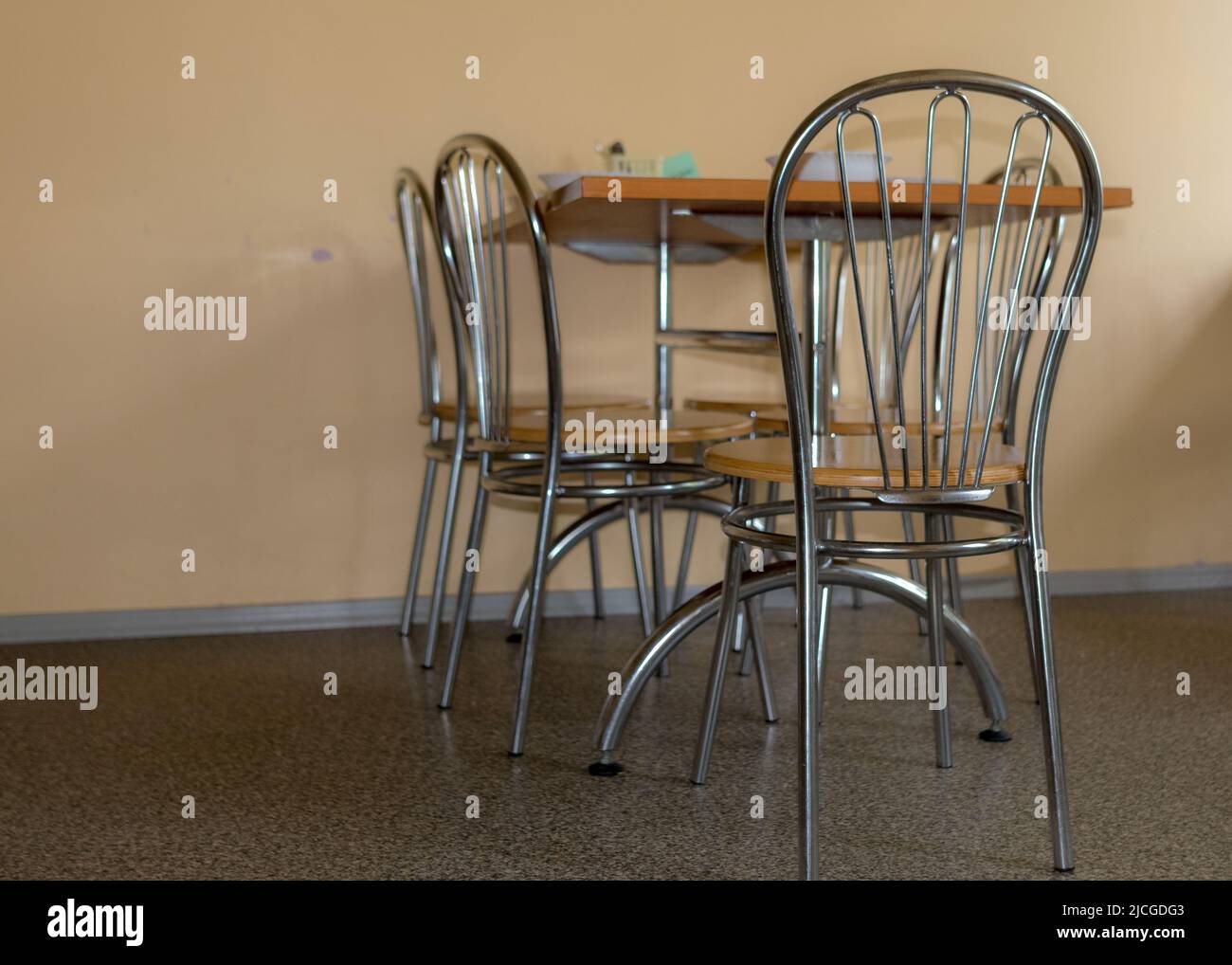 school kitchen canteen, metal table and chair legs, canteen equipment ...