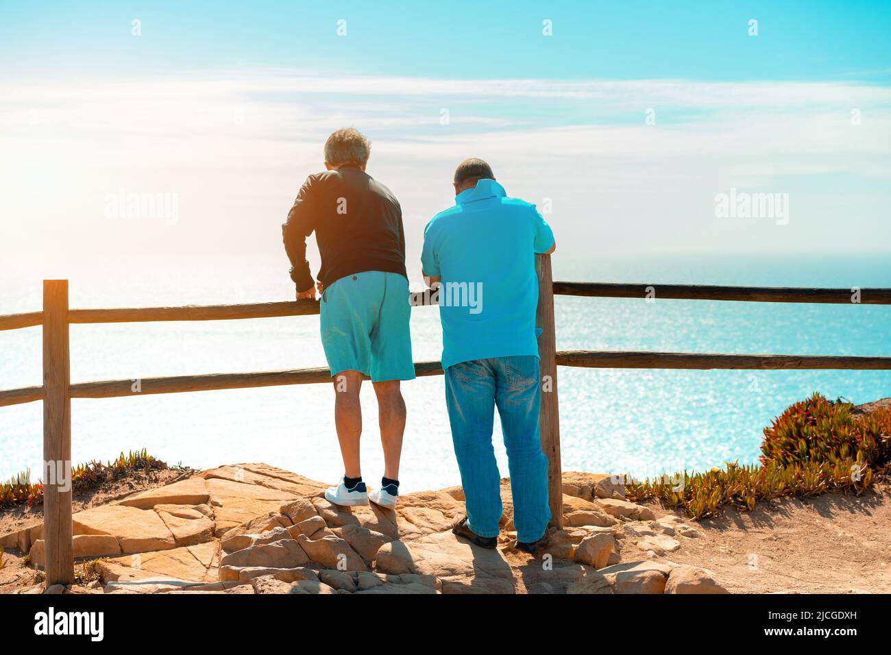 Father and son lean on fence near ocean looking on horizon rear view ...