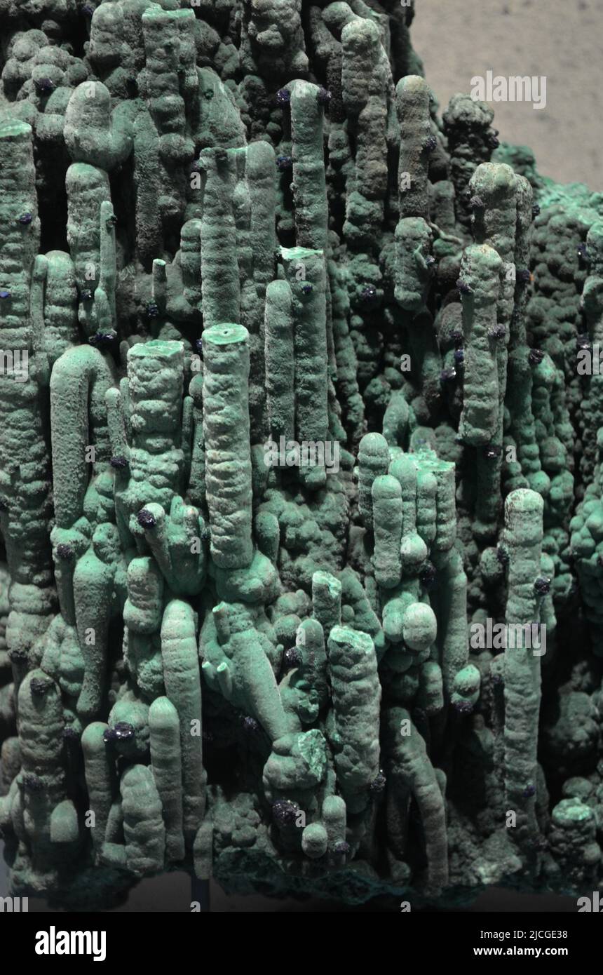 Cluster of aqua and green malachite crystals growing together in a ...