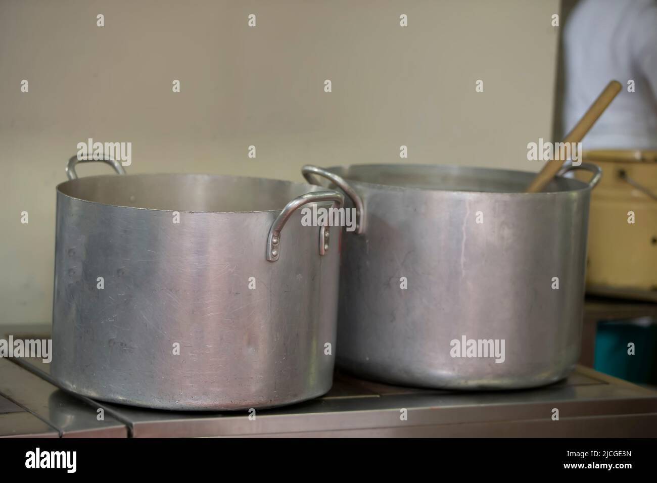 Large metal pans in an industrial kitchen Stock Photo - Alamy