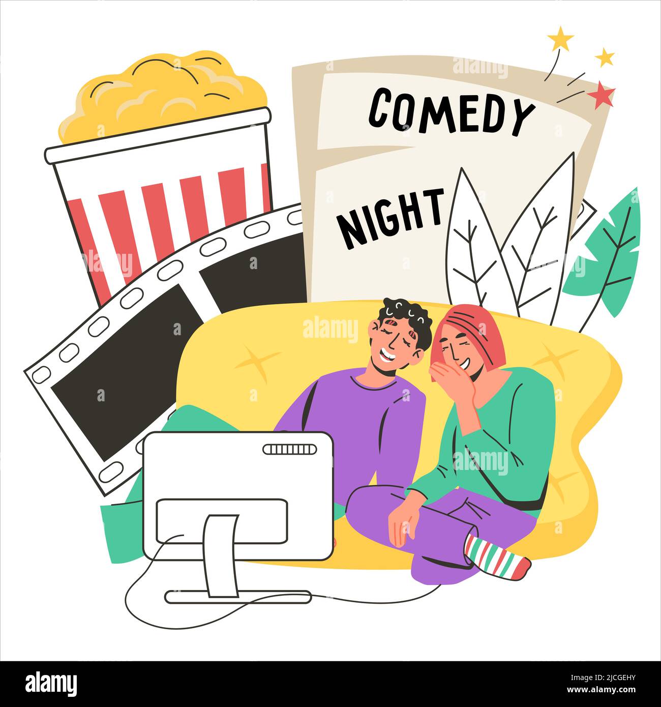 Comedy movie banner template with people watching television and ...