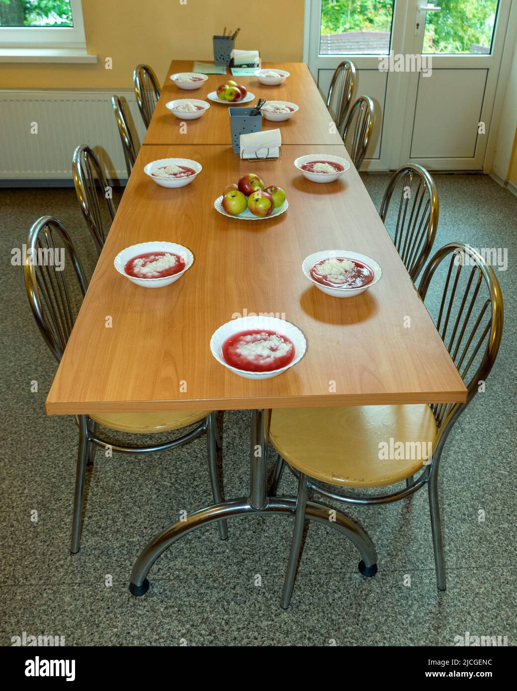 school kitchen canteen, set tables, canteen equipment, catering ...