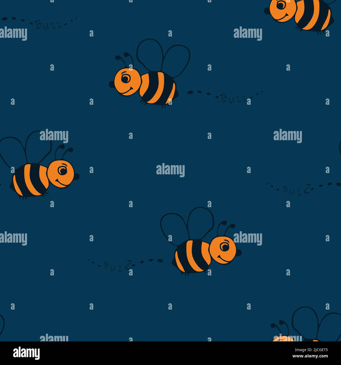 Seamless vector pattern with cartoon bees on dark blue background ...