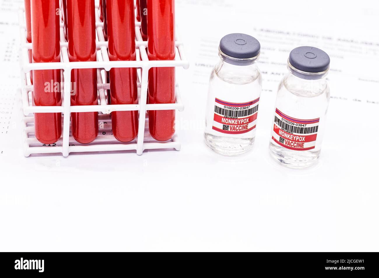 ampoule or vial of vaccine for Monkeypox virus, copy space, laboratory ...