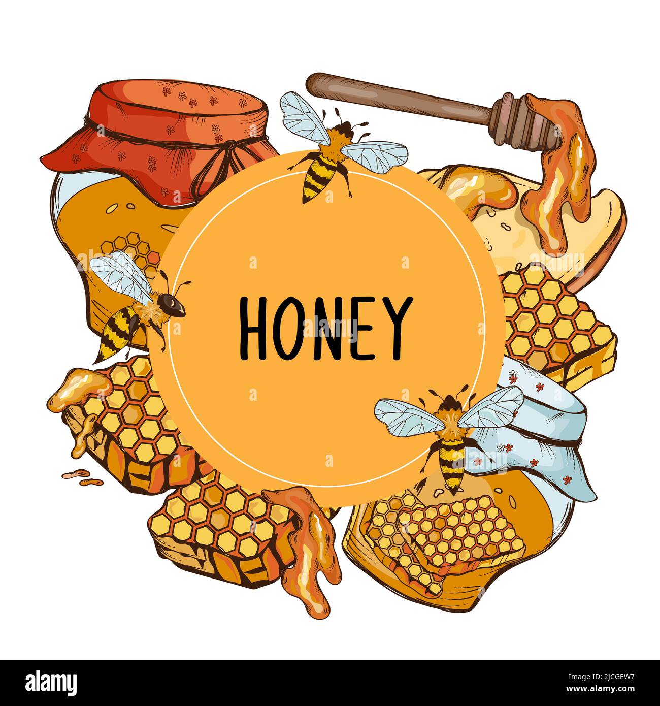 Honey banner, circle frame or label hand drawn color engraved ...