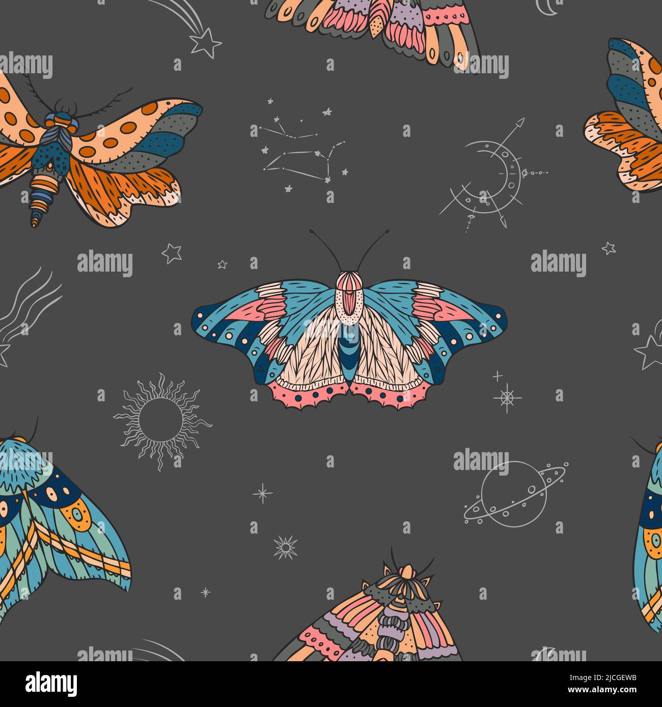 Night moth, symbols of the sky, sun and moon vector seamless pattern ...