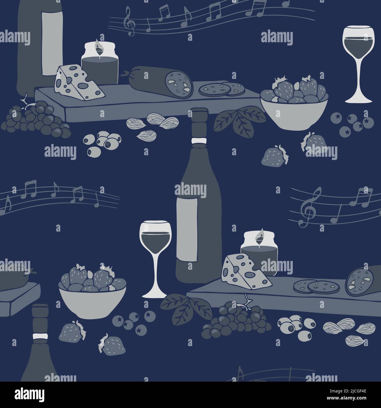 Seamless vector pattern with food platter and wine bottles on purple ...