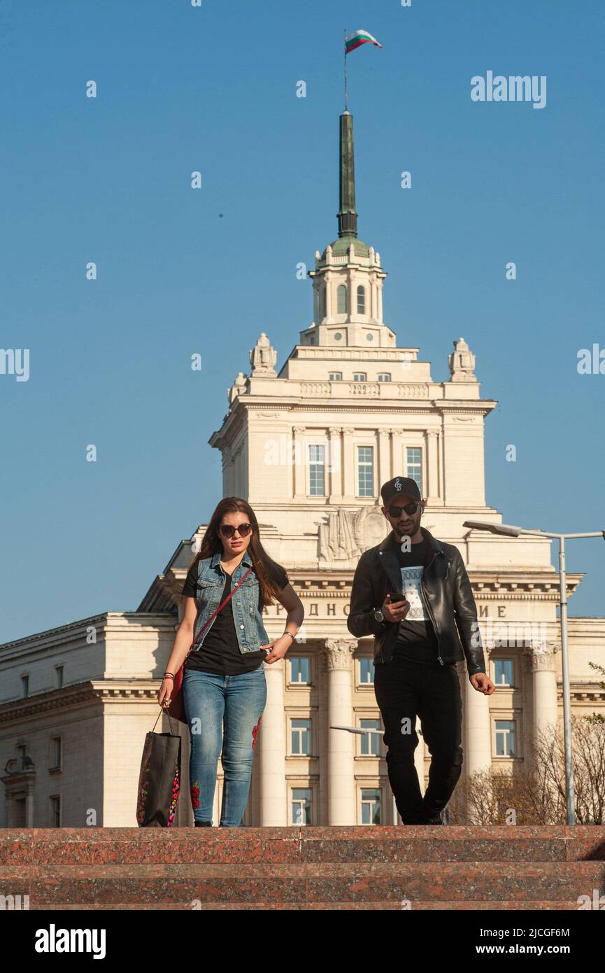 Bulgarian people seen in front of the former Communist Party Building ...
