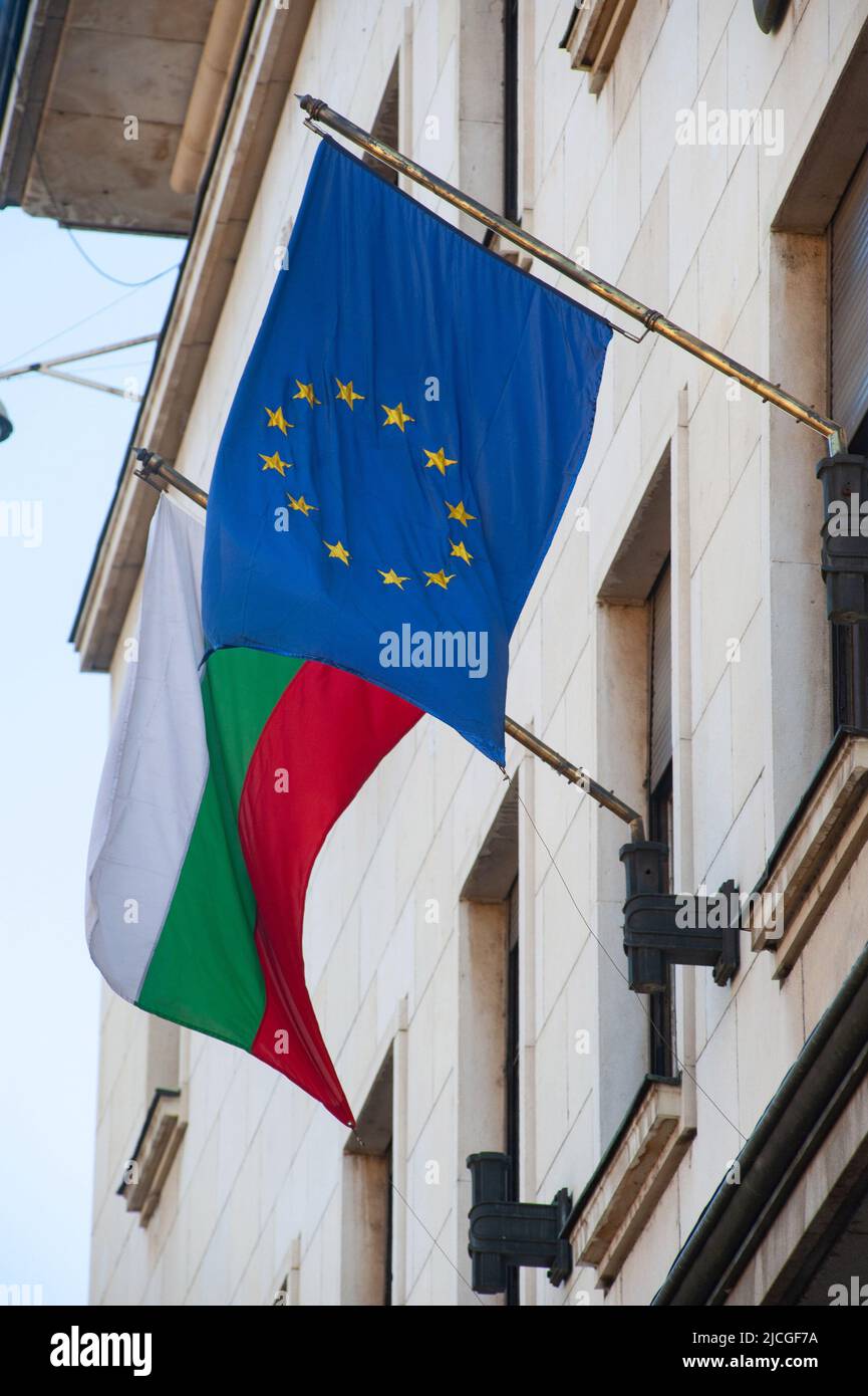 Bulgarian and European Union Flags seen outside a Bulgarian Government ...
