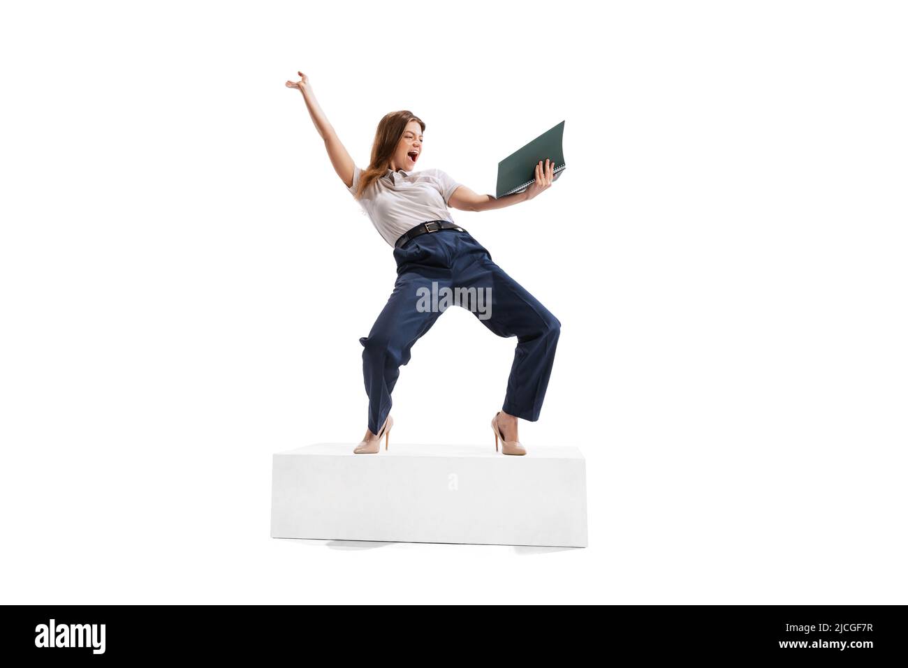 Portrait of young cheerful girl, excited trainee, employee celebrating ...