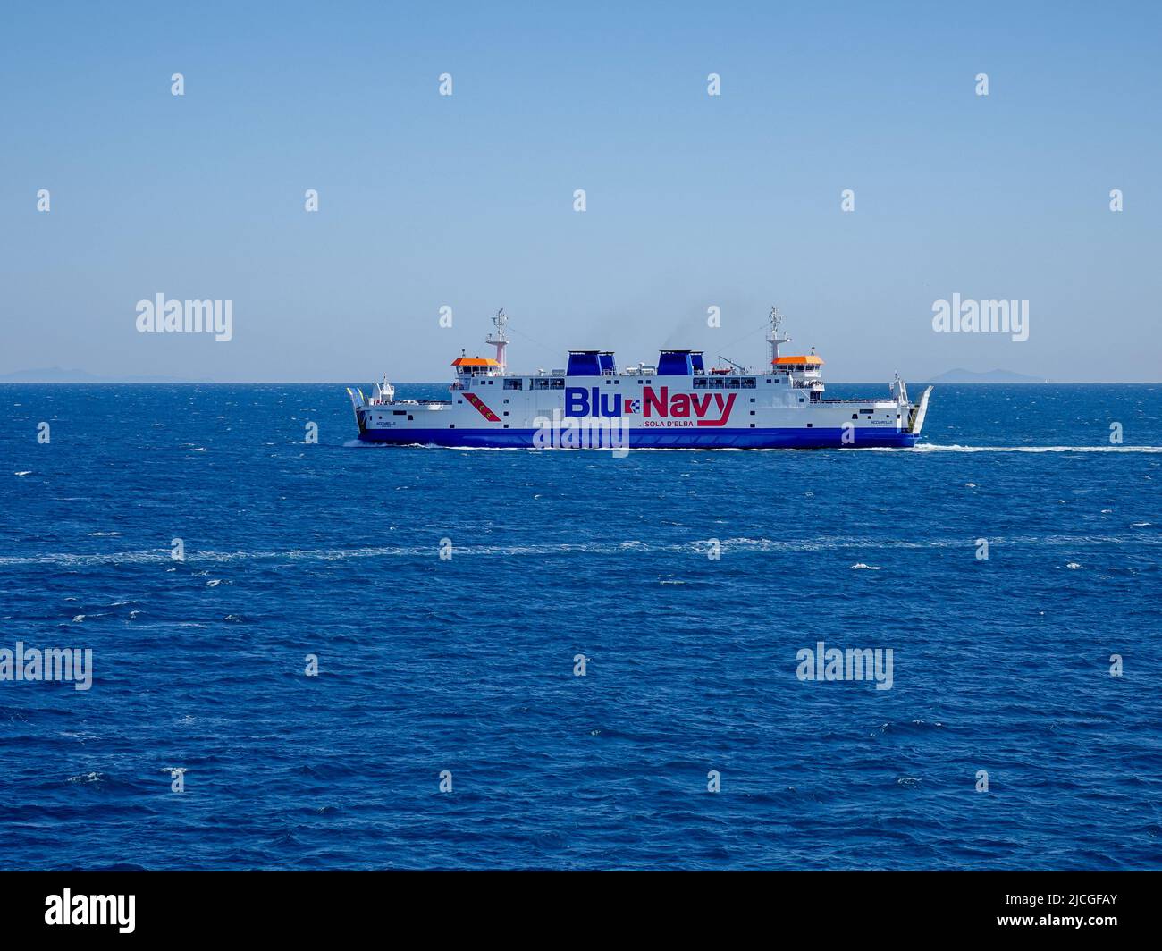 Blu Navy ferry, Acciarello, headed to the Port of Piombino, Italy Stock ...