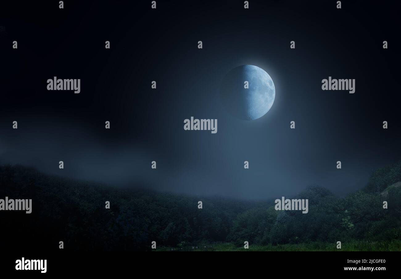 Moon at night, starless sky.Fog over the forest.Background for ...