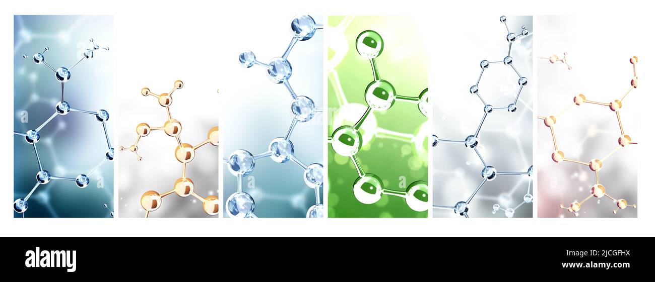 Set of vertical banners with models of abstract molecular structure on ...