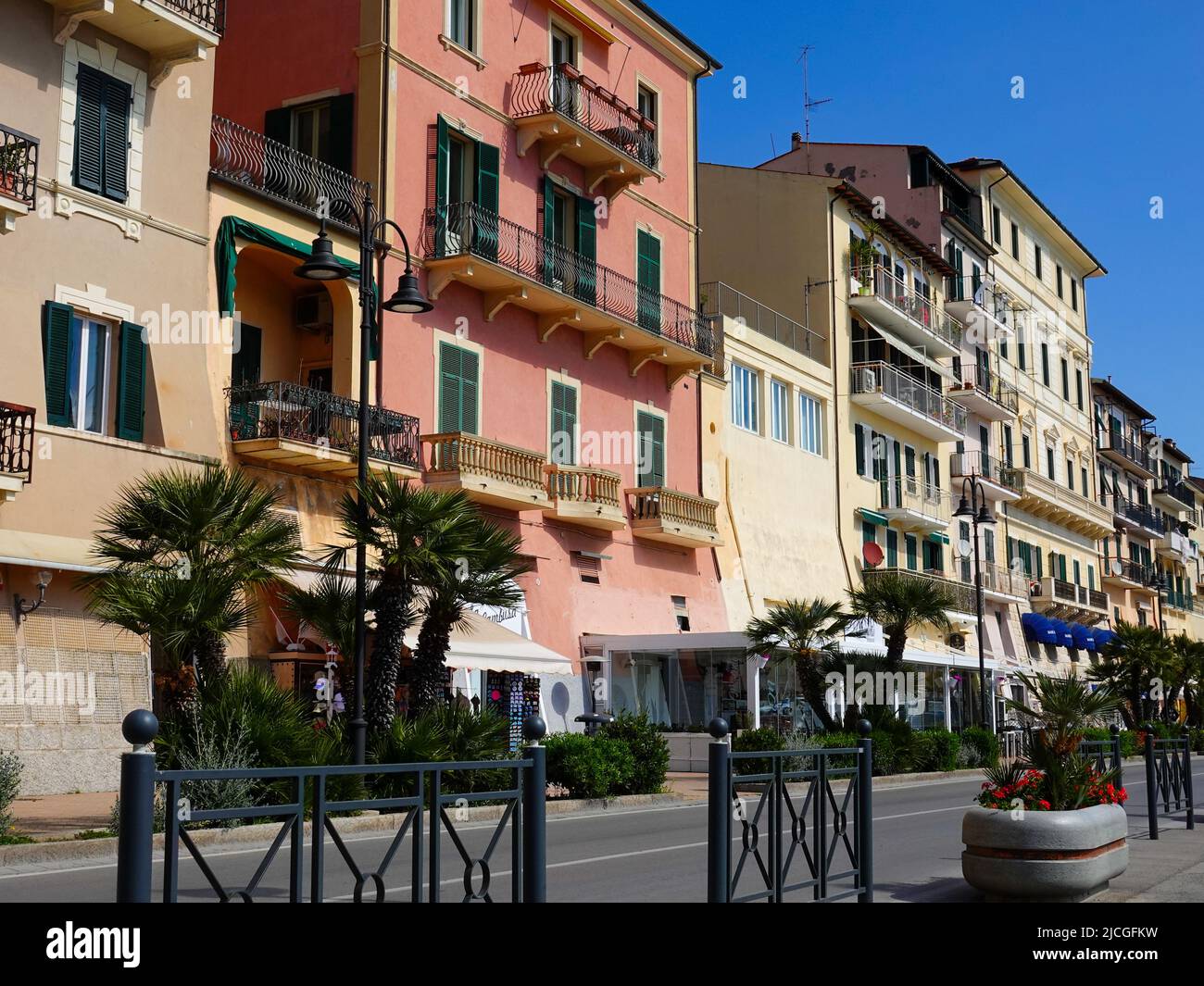 Shops, buildings along the port of Portoferraio on the island of Elba ...