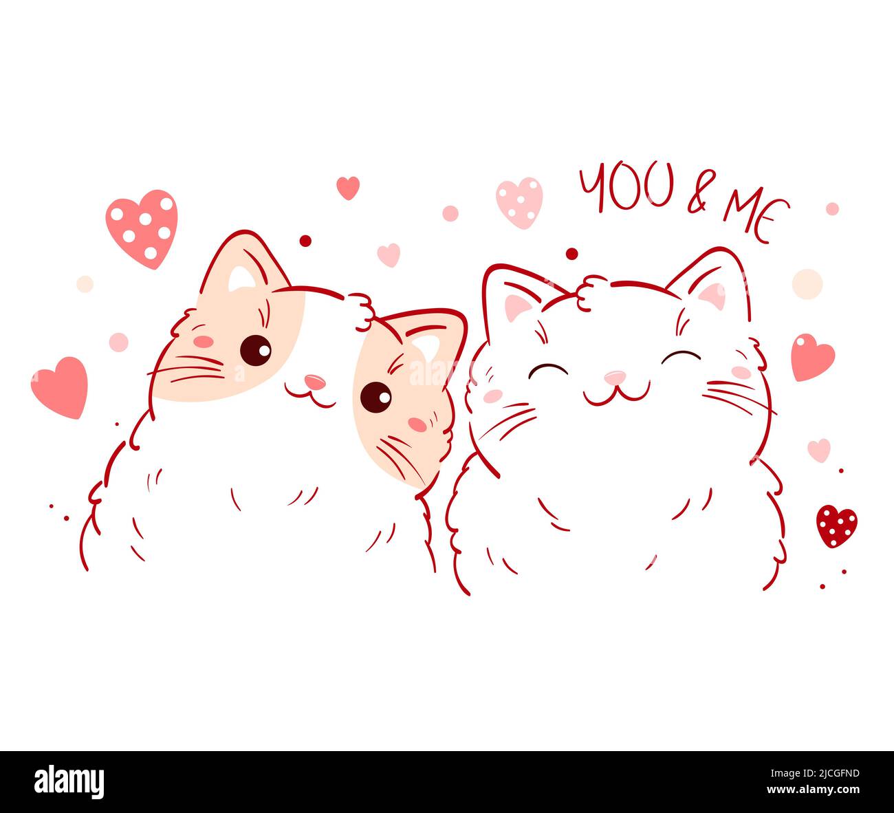 Cute Valentine card in kawaii style. Two lovely little cats ...
