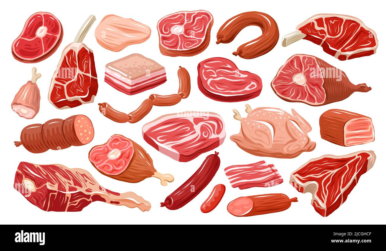 Meat set isolated on white. Farm food, butcher shop concept. Vector ...