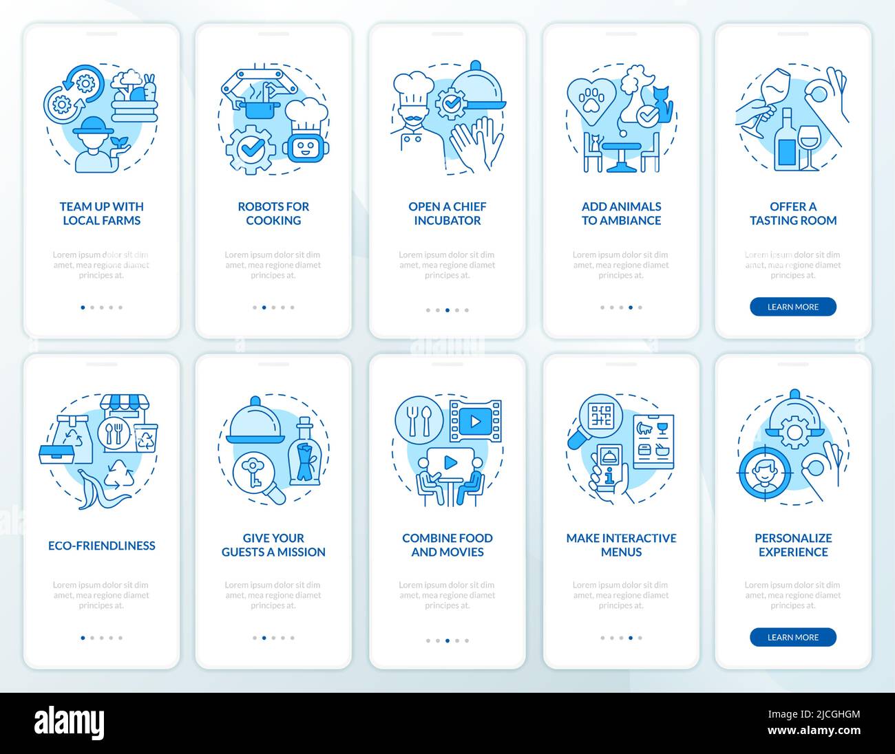 Strategic plan for restaurant blue onboarding mobile app screen set ...