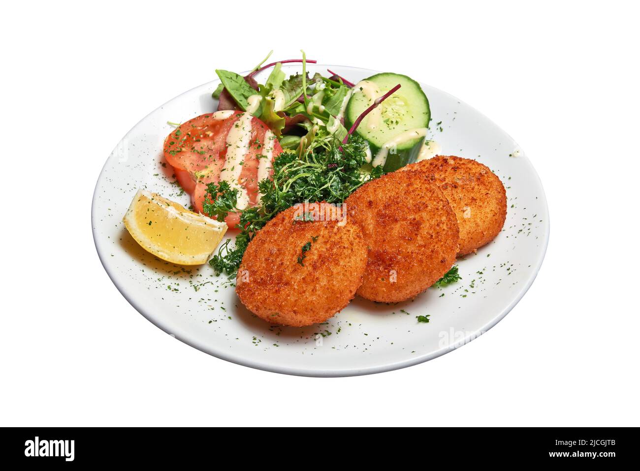 White plate with three Cheese croquettes ans salad. Isolated with ...